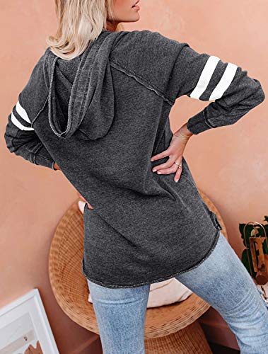 Fashare Womens V Neck Hoodies with Pockets Long Sleeve Striped Pullover Tops Sweatshirt Dark Gray
