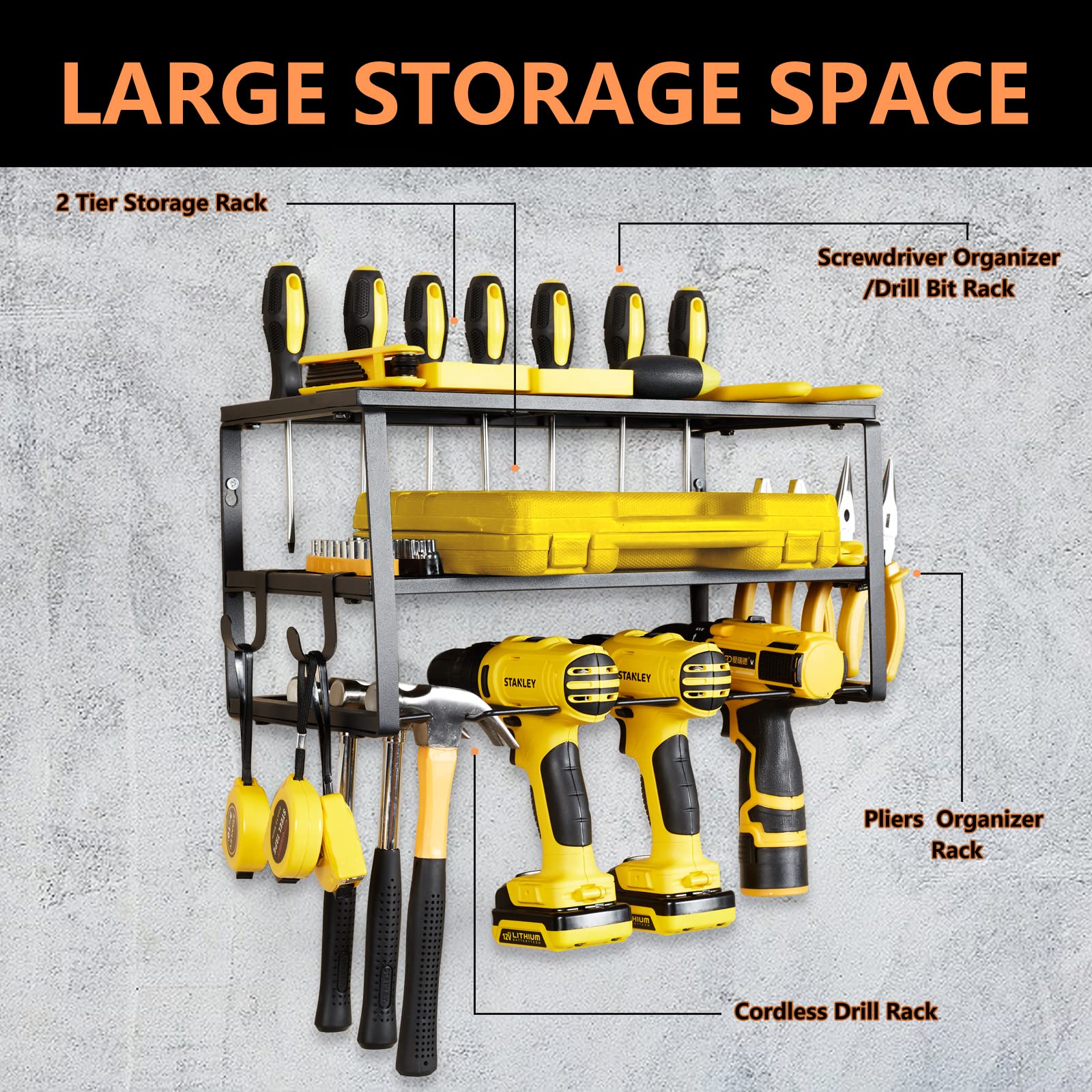 Power Tool Organizer, Storage Rack for Garage Organization,Drill Holder Wall Mount,Utility Rack for Cordless Drill, 3 Layers Heavy Duty Metal Tool Shelf, Large 5 Drill Holder (Yellow/Black)