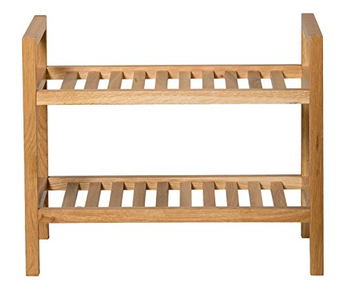 Solid Wood Oak Shoe Rack Organizer with 2 Shelves Hallway Wooden Small Stackable Shoes Storage Stand 2 Tier Fits 4 Pairs Rustic Country Farmhouse Design Space Saving Hall 2 Tiers Home Durable Brown