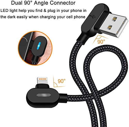 Quickeep 90 Degree iPhone Charger Cable 3 Pack 10ft Right Angle Lighning Cable with Blue LED Light Fast Charging Cable Nylon Braided Cord Compatible with iPhone 12 11 Xs MAX XR X 8 7 6s Plus (Black)