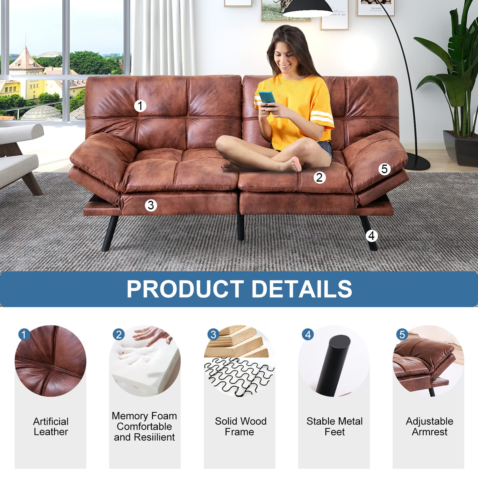 MUUEGM Futon Couch Bed Sleeper Convertible Modern Memory Foam Love seat,Faux Leather Foldable Daybed for Living Room Office Apartment,Adjustable Armrest&Backrest Sofas, Light Brown