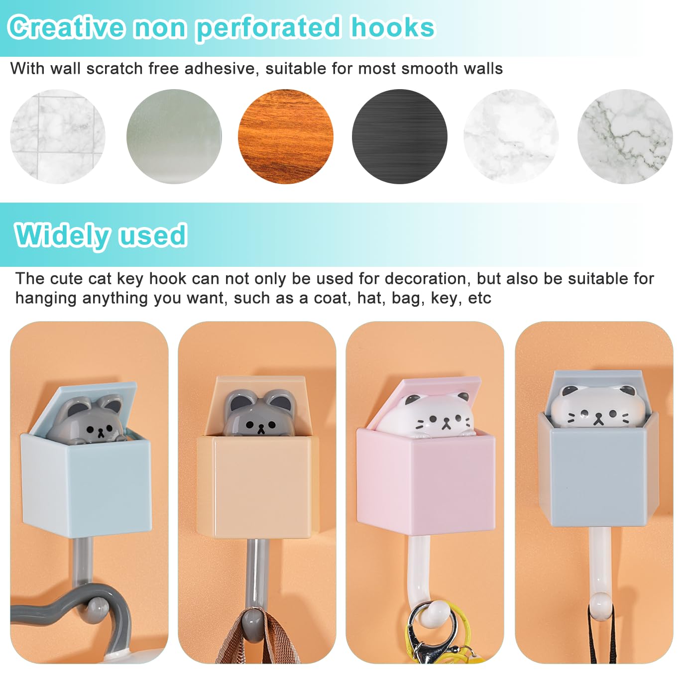 Tophoniex Cute Cat Key Hook, Sticky Coat and Hat Hook, 4 Cute Cat Key Hooks, Plastic Pet Wall Hook for Hanging Keys, Used for Coats, Jackets, Bags, Wall Decoration