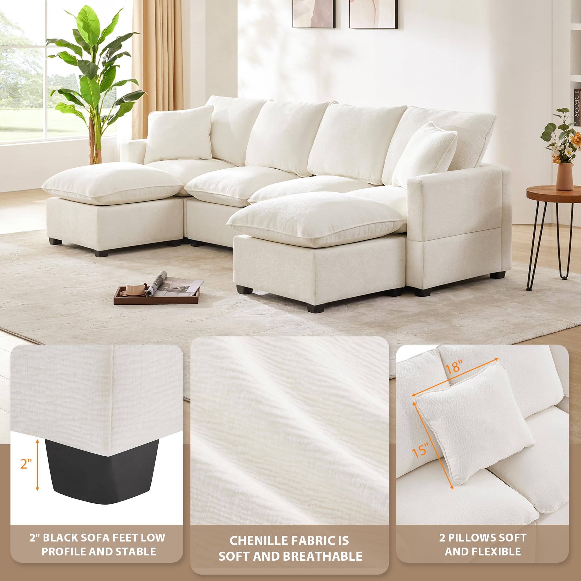 Tmsan Chenille Sectional Sofa Cloud Couch for Living Room, 110" Modern U Shaped Comfy 4 Seater Modular Sofa with Chaise Lounge & 2 Pillows for Bedroom Apartment Office