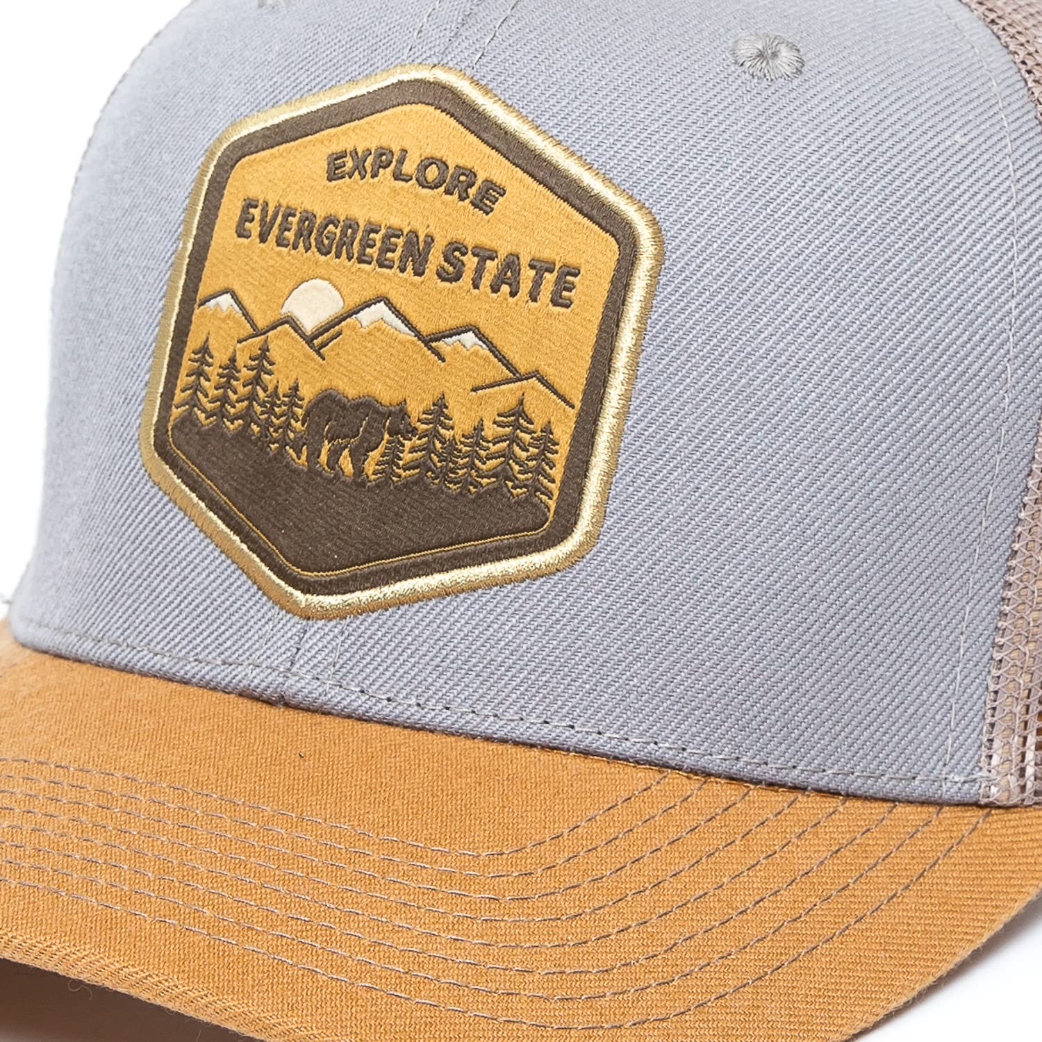 BHELG Evergreen State Washington Patched Trucker Hat for Camping, Hiking, Fishing Khaki