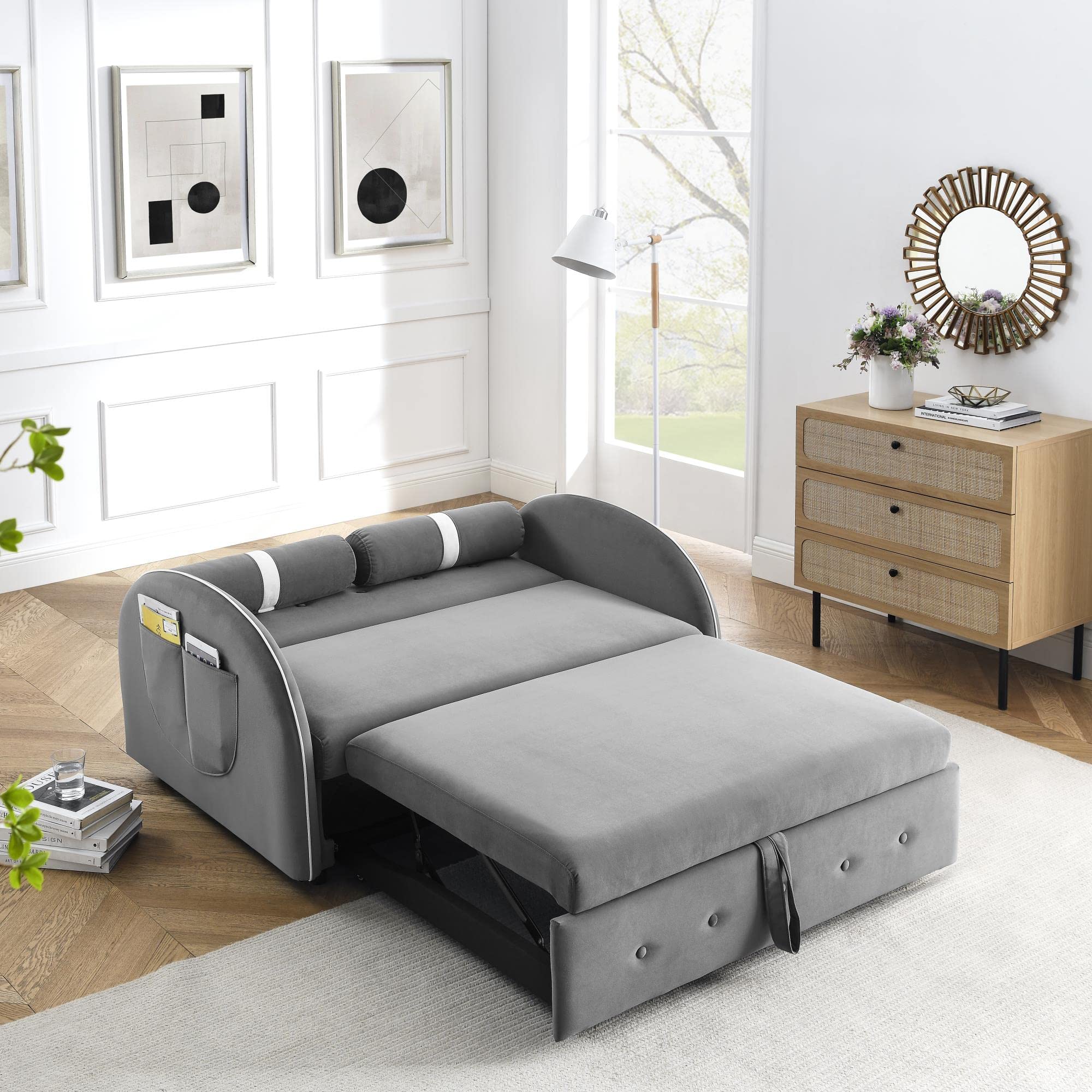 Holaki Modern 55.5" Pull Out Sleep Sofa Bed 2 Seater Loveseats Sofa Convertible Couch with Side Pockets, Adjsutable Backrest and Lumbar Pillows for Apartment Office Living Room(Grey)