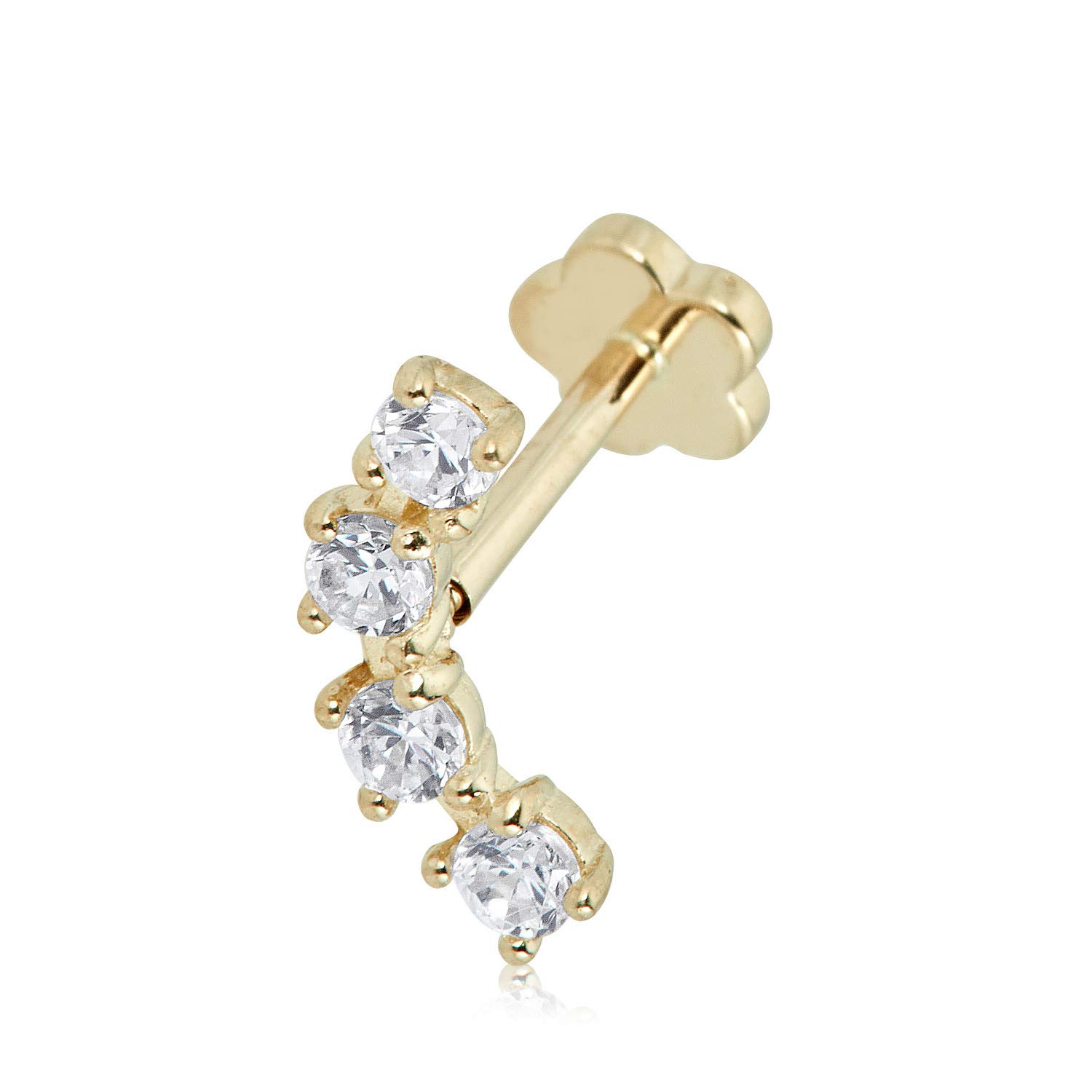 AVORA 14K Yellow Gold Simulated Diamond CZ Curved Bar Cartilage Piercing Flat Back Earring Body Jewelry (18 Gauge)