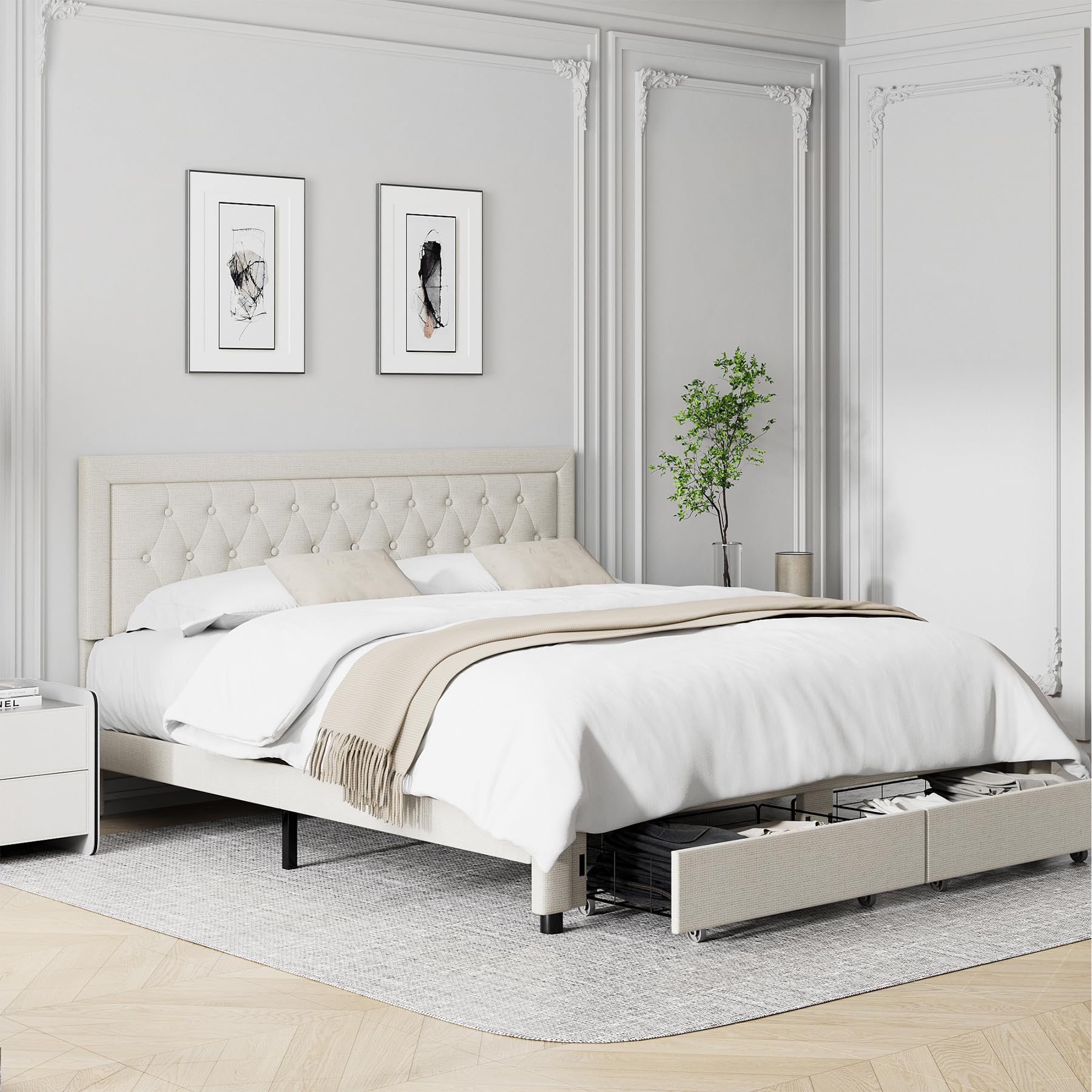 Keyluv Full Bed Frame with 2 Storage Drawers and Adjustable Headboard, High-End Fabric Platform Bed with Button Tufted, Wooden Slats No Box Spring Needed/Easy Assembly, Beige