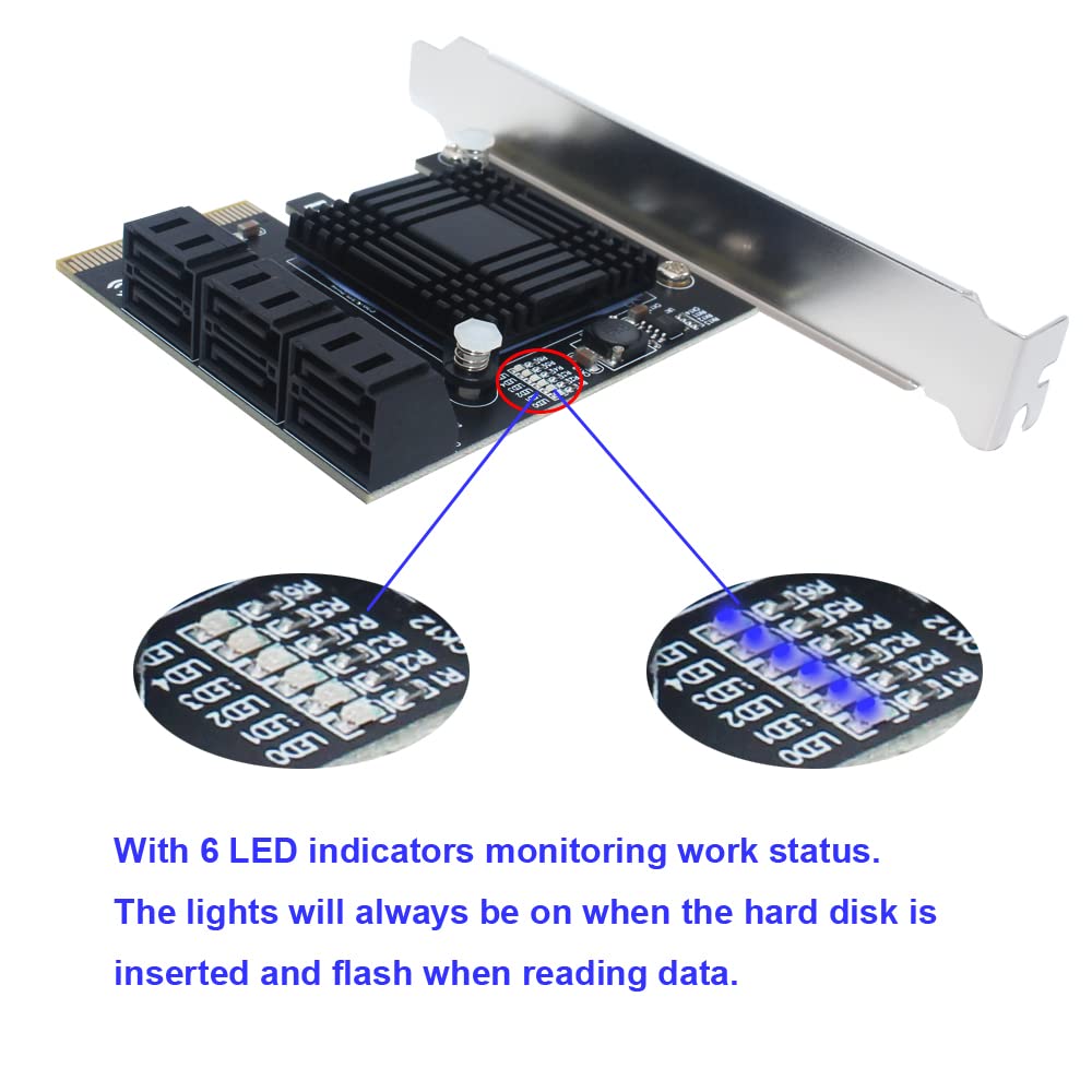 PCI-E SATA Expansion Card 6 Ports PCIe x4 to SATA 3.0 6Gbps Expansion Controller Adapter Card with 6 SATA Cables and Low Profile Bracket, Non-Raid(ASM1166) (PCIE X4 SATA 6 Ports)