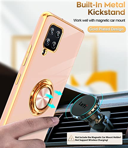 LeYi for Samsung Galaxy A42 5G Case with Tempered Glass Screen Protector [2 Pack] 360° Rotatable Ring Holder Magnetic Kickstand, Plating Rose Gold Edge Protective Case, Pink
