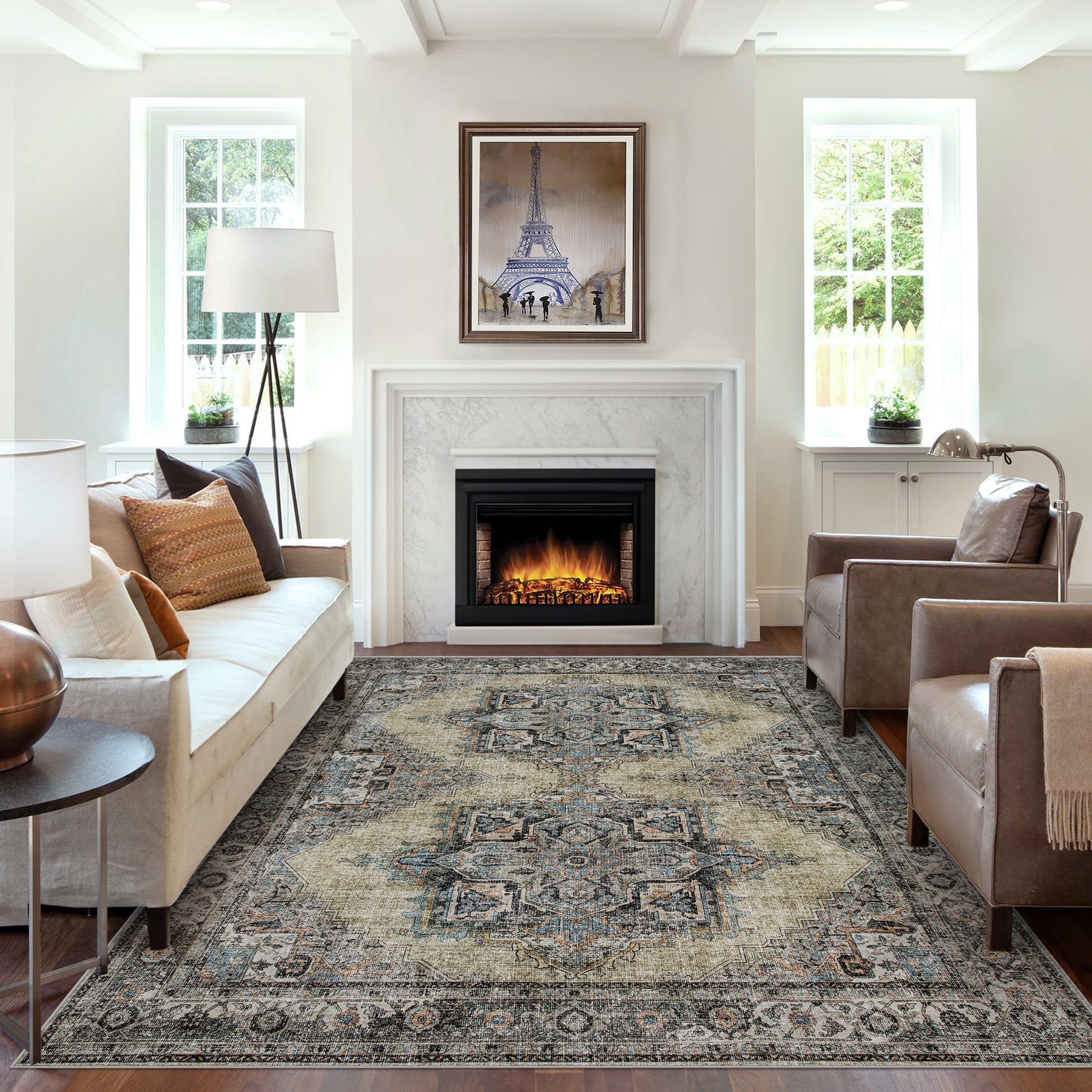 Area Rug Living Room Rugs, 8x10 Machine Washable Rug, Boho Large Rug with Non-Slip Rubber Backing, Non-Shedding Stain Resistant, Indoor Carpet for Bedroom Dining Room Nursery Home Office (Gray/Beige)