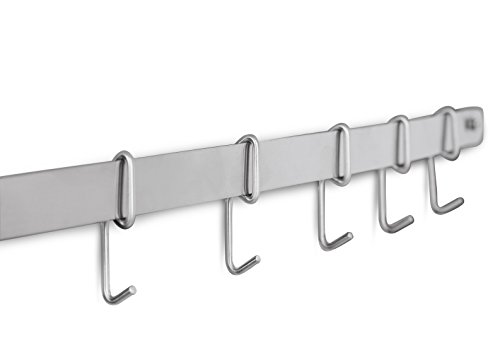 Internet's Best Kitchen Wall Mounted Rail Rack with Hanging Hooks - 6 Sliding Hooks - Kitchen Utensil Lid Spatula Measuring Cup Storage Rack Organizer - Stainless Steel Kitchen Towel Rack