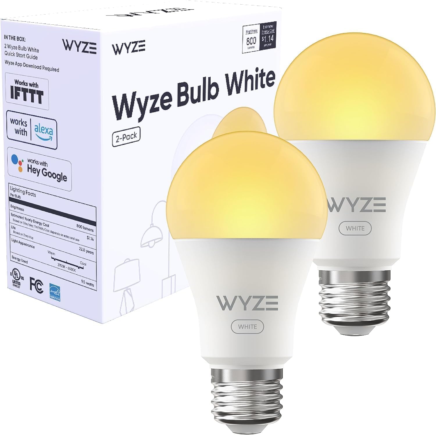 Wyze Lifestyle Bulb White, 800LM Tunable-White Wi-Fi Smart Light Bulb, Work with Alexa and Google Assistant, 2.4GHz, No Hub Required, A19 Dimmable, 2700K - 6500K, 90+CRI, Timer & Group, 2-Pack