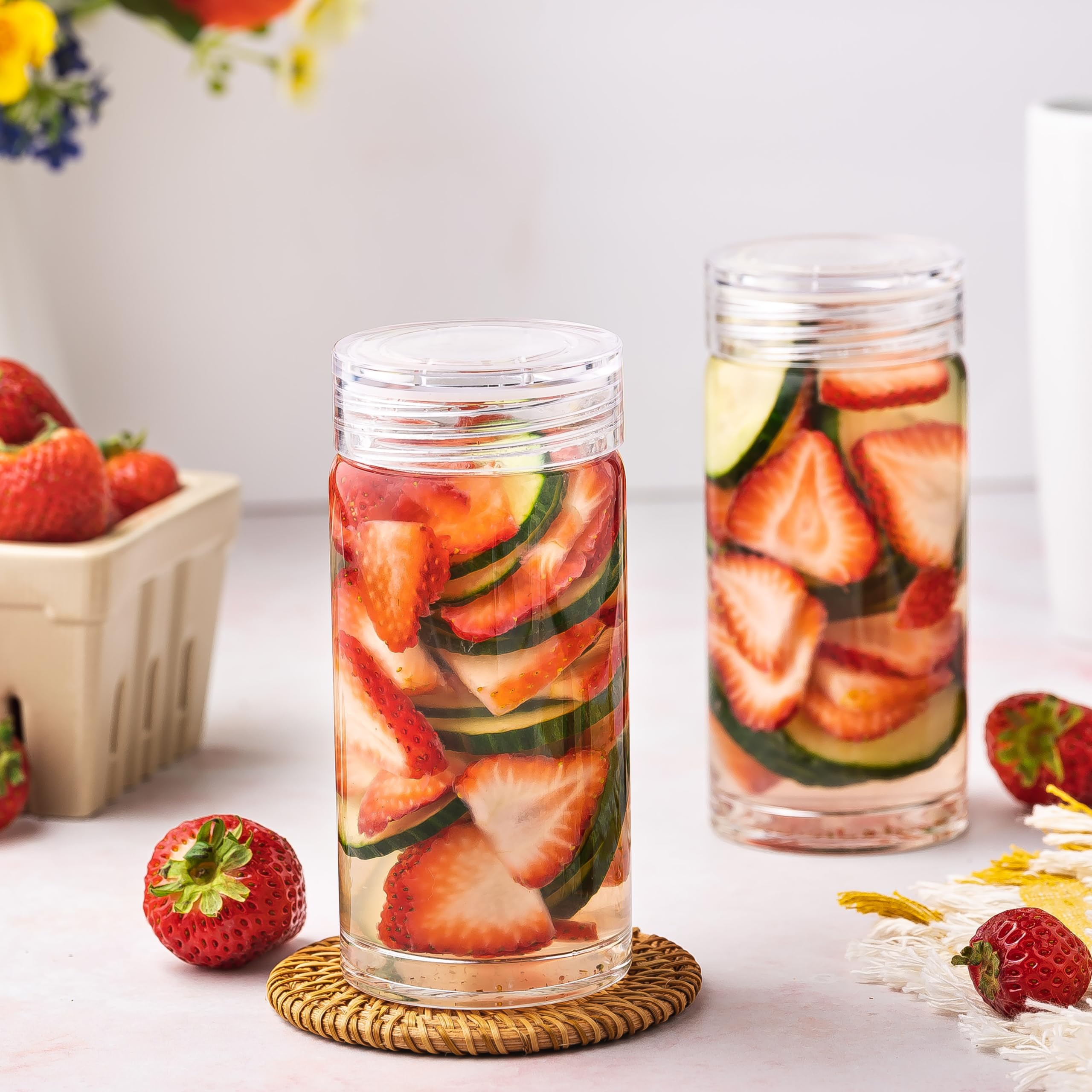 Glass Water Bottles - 4 Pack Wide Mouth Juice Bottles with Clear Lids for Juicing, Smoothies, Fruit Water, Teas, Beverage Storage (10 oz)