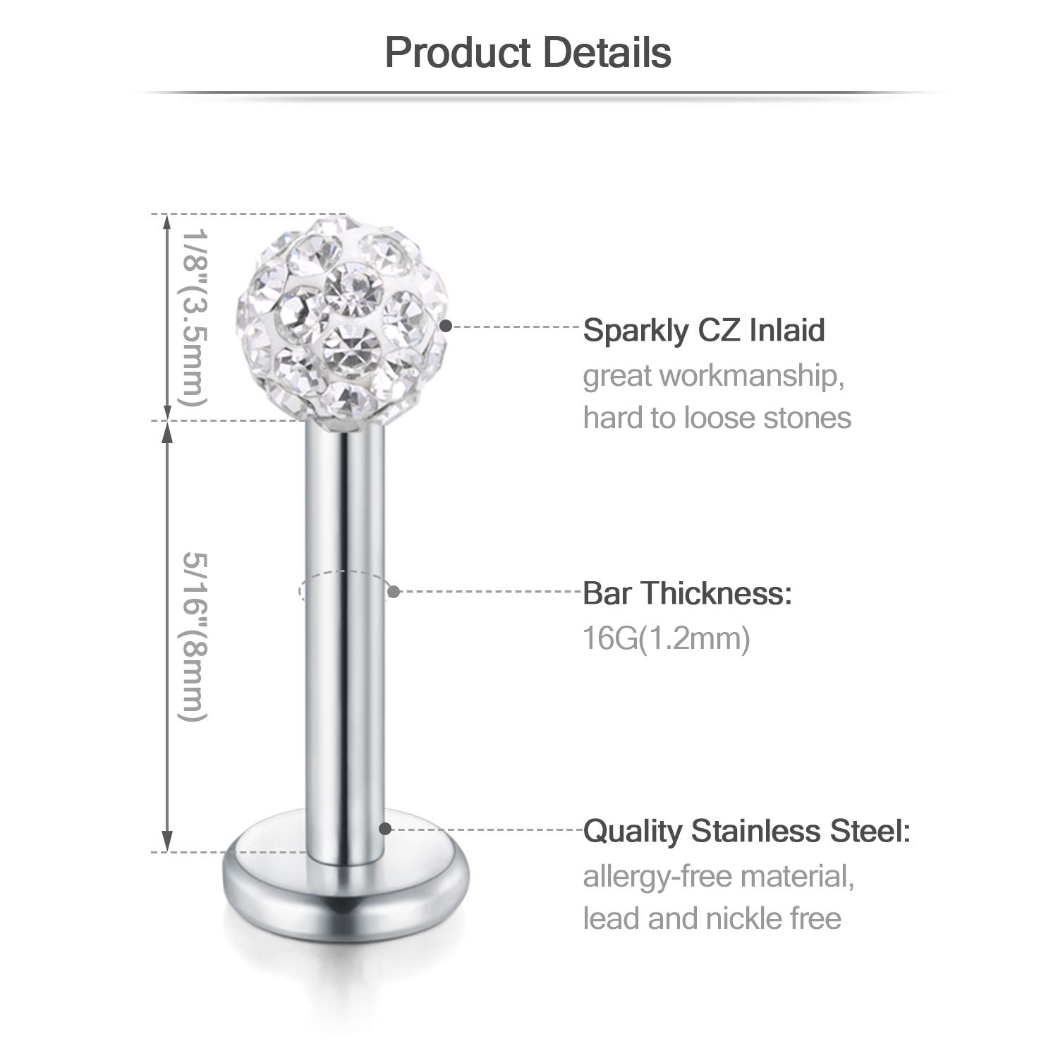 AVYRING 16g Surgical Steel Lip Ring Labret Studs Monroe Mudusa Piercing Jewelry Tragus Helix Conch Cartilage Earrings 8mm 24pcs