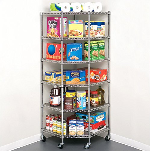 KCHEX 6-Tier NSF Corner Shelving/w Wheels, 28" D x 28" W x 72" H Heavy Duty Wire Steel Shelf Garage Storage Shelving Rack Chrome