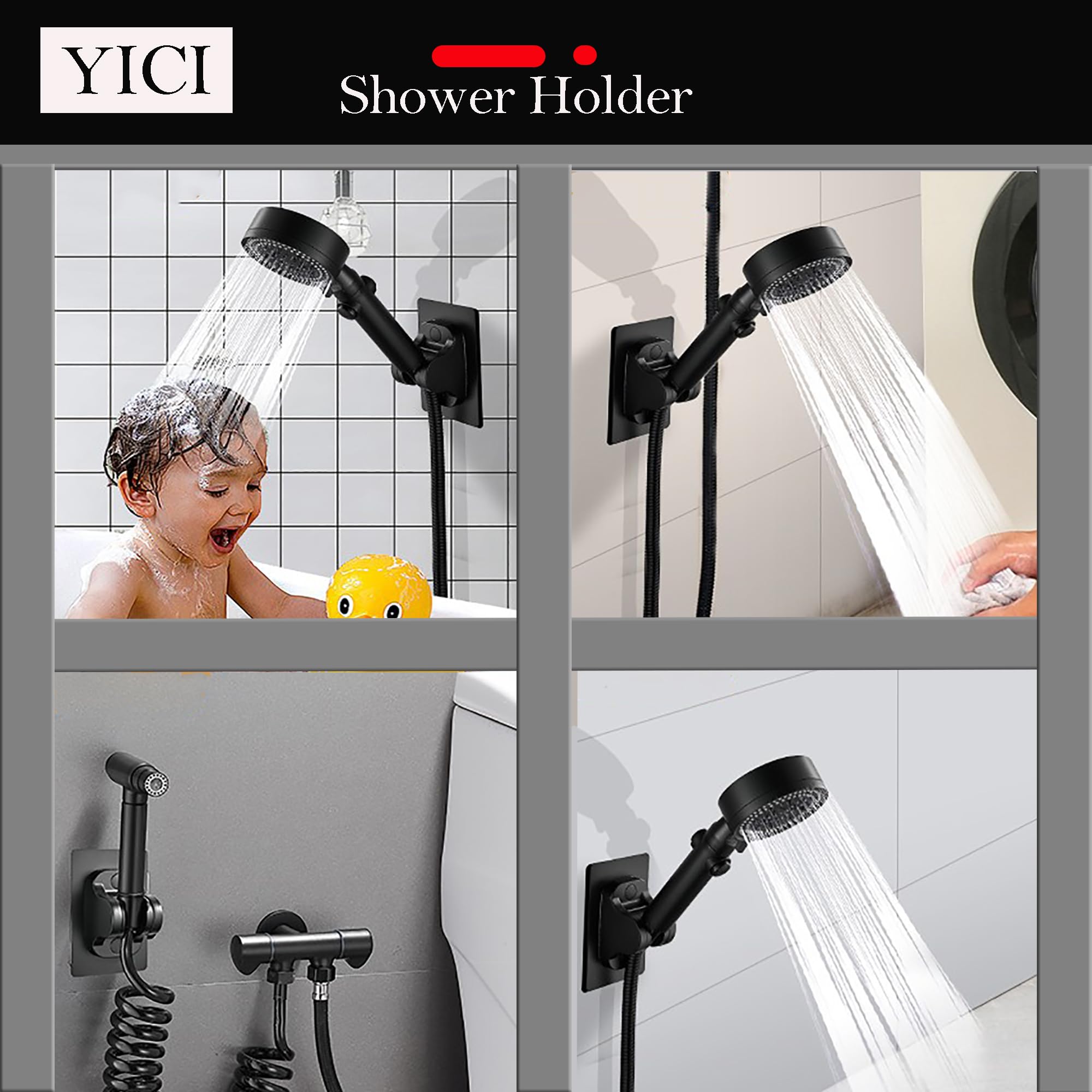 YICI Handheld Shower Bracket Shower Head Holder No Drilling Strong Adhesive Hand Shower Holder Angle Adjustable(Standard Black)