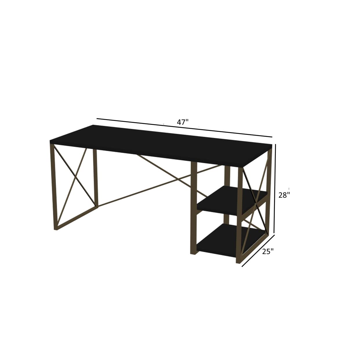 LLS Computer Desk, Work Table Writing Desk Gaming Table Workstation with 47" Wooden Top & 2 Shelves, Writing Sturdy Table Computer Desk with Gold Metal Frame for Home Office Furnish Store, Brown