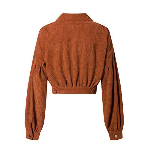 Andongnywell Women's Long Sleeve Outerwear Corduroy Jacket Solid Color Wild Stand Collar Single Breasted Outwear (Brown,Large)