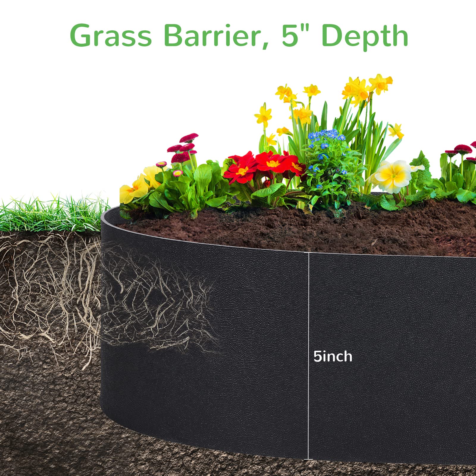 Black Plastic Garden Landscape Edging, 5β Tall Border Coil, Flexible and Strengthened with Anti-UV Treatment (40ft with 12pcs stakes)