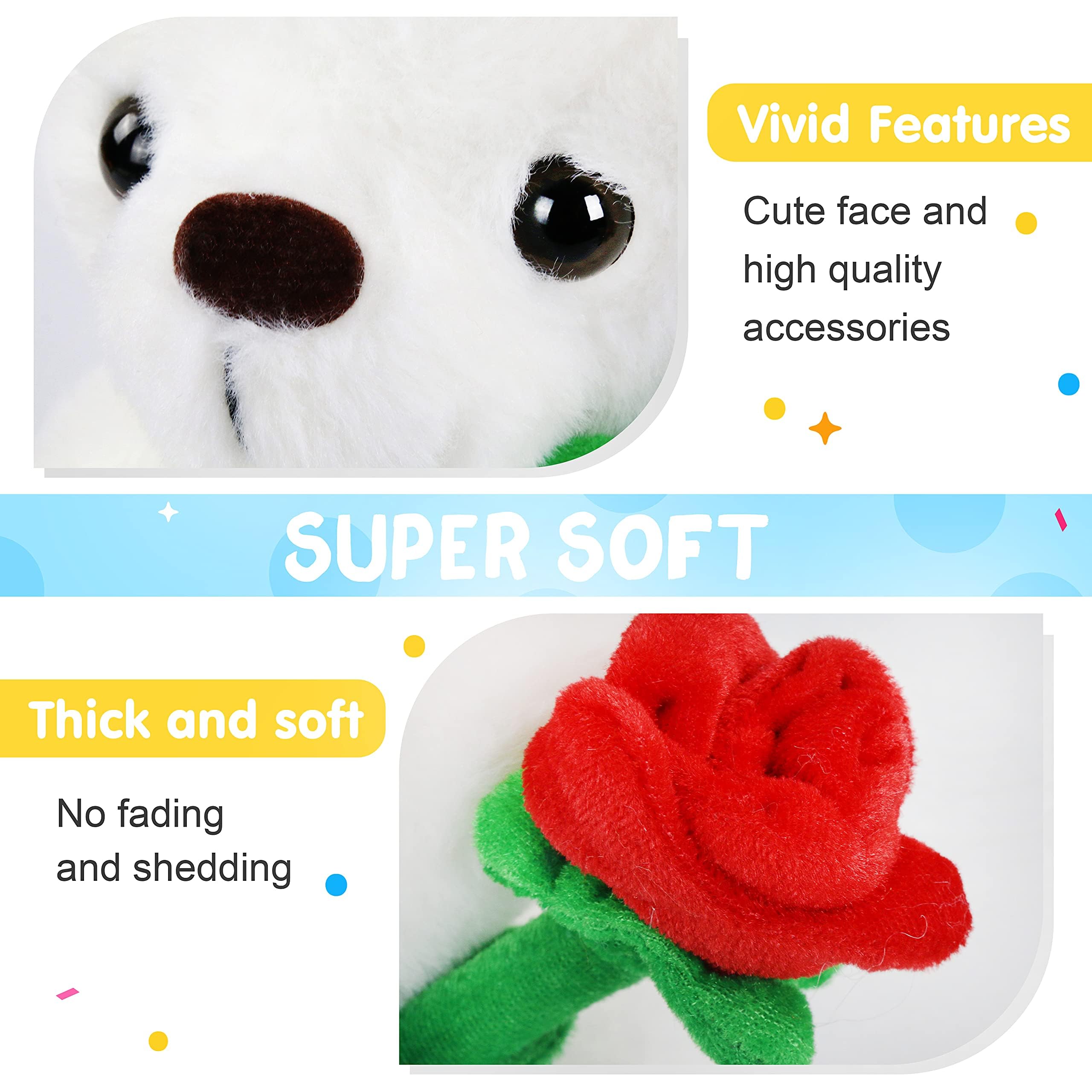 Houwsbaby Glow Teddy Bear with Rose Stuffed Animal for Graduate Soft Light Up Plush Toy LED Night Lights Valentine’s Day Presents for Kids Toddler Girlfriend,White,10.5''