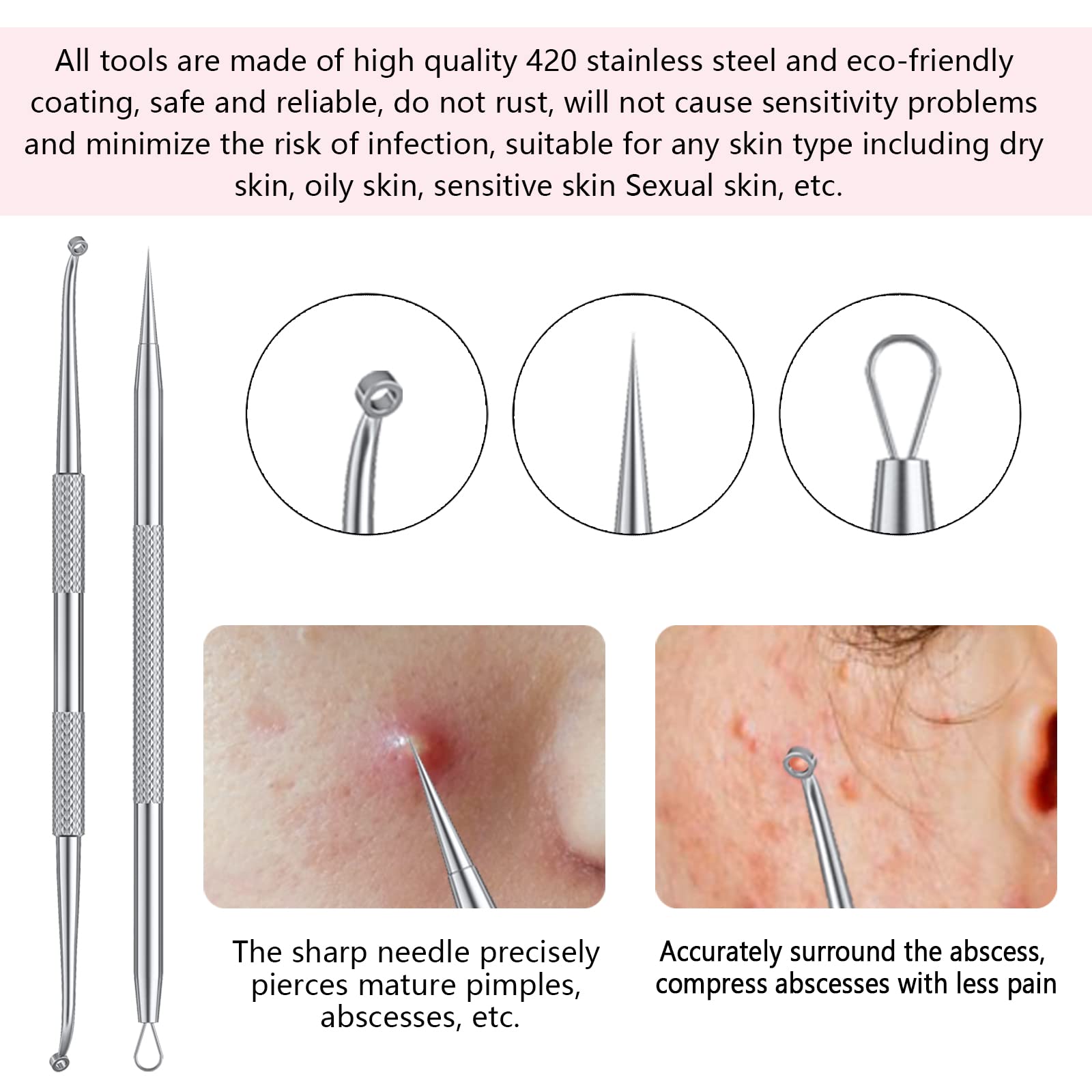 Xesscare Pimple Popper Tool Kit 7 Pcs Blackhead Remover Tool Comedones Tweezers Acne Extractor Blemish Whitehead Removal Tool for Facial, Nose and Forehead (Silver)