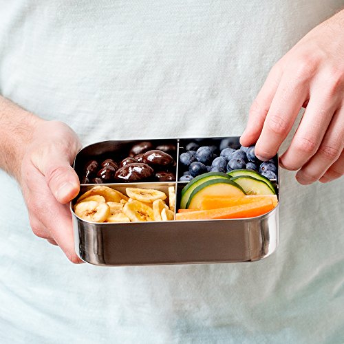 LunchBots Medium Quad Snack Container - Divided Stainless Steel Food Container - Four Sections for Finger Foods On the Go - Eco-Friendly, Dishwasher Safe - Stainless Lid - Stainless Steel