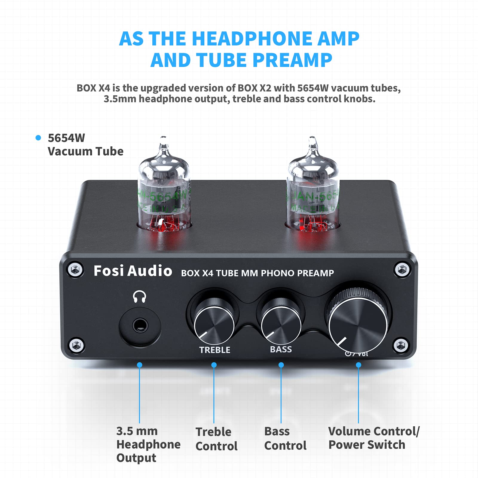 Fosi Audio Box X4 Phono Preamp with JAN 5654W Vacuum Tubes for MM Turntable Phonograph Record Player with Volume Bass Treble Control
