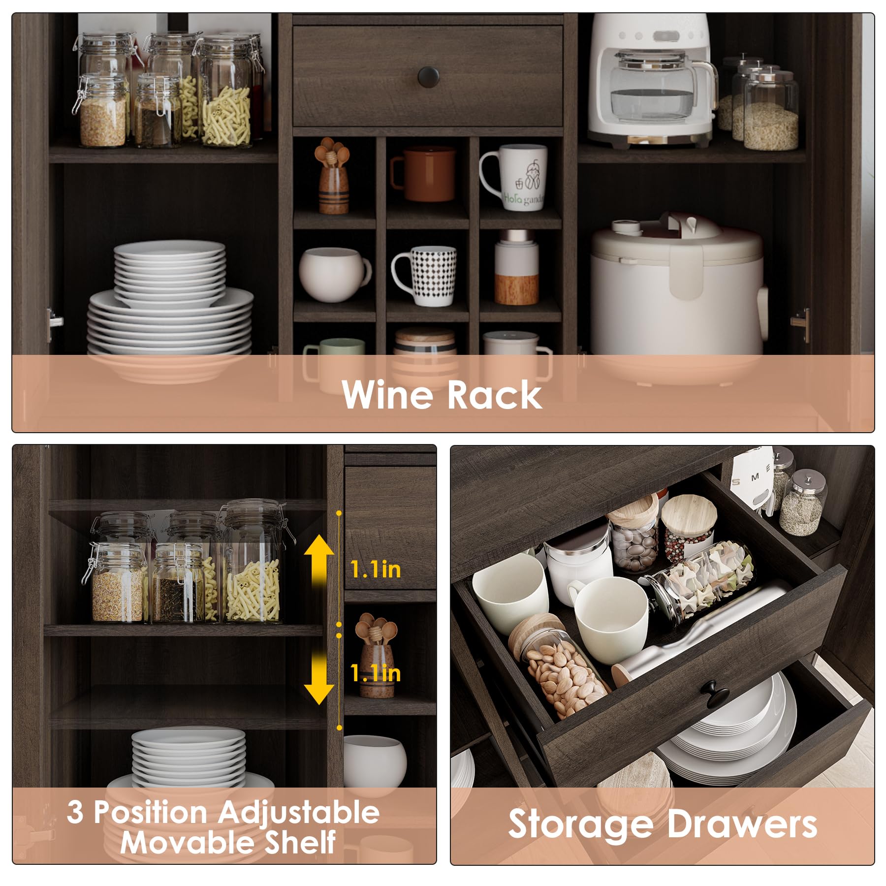 BOTLOG Buffet Sideboard Bar Cabinet with Storage, Farmhouse Coffee Bar Cabinet with 2 Drawers and Adjustable Shelves, 43.3β Kitchen Buffet Storage Cabinet for Kitchen, Dining Room (Dark Brown)