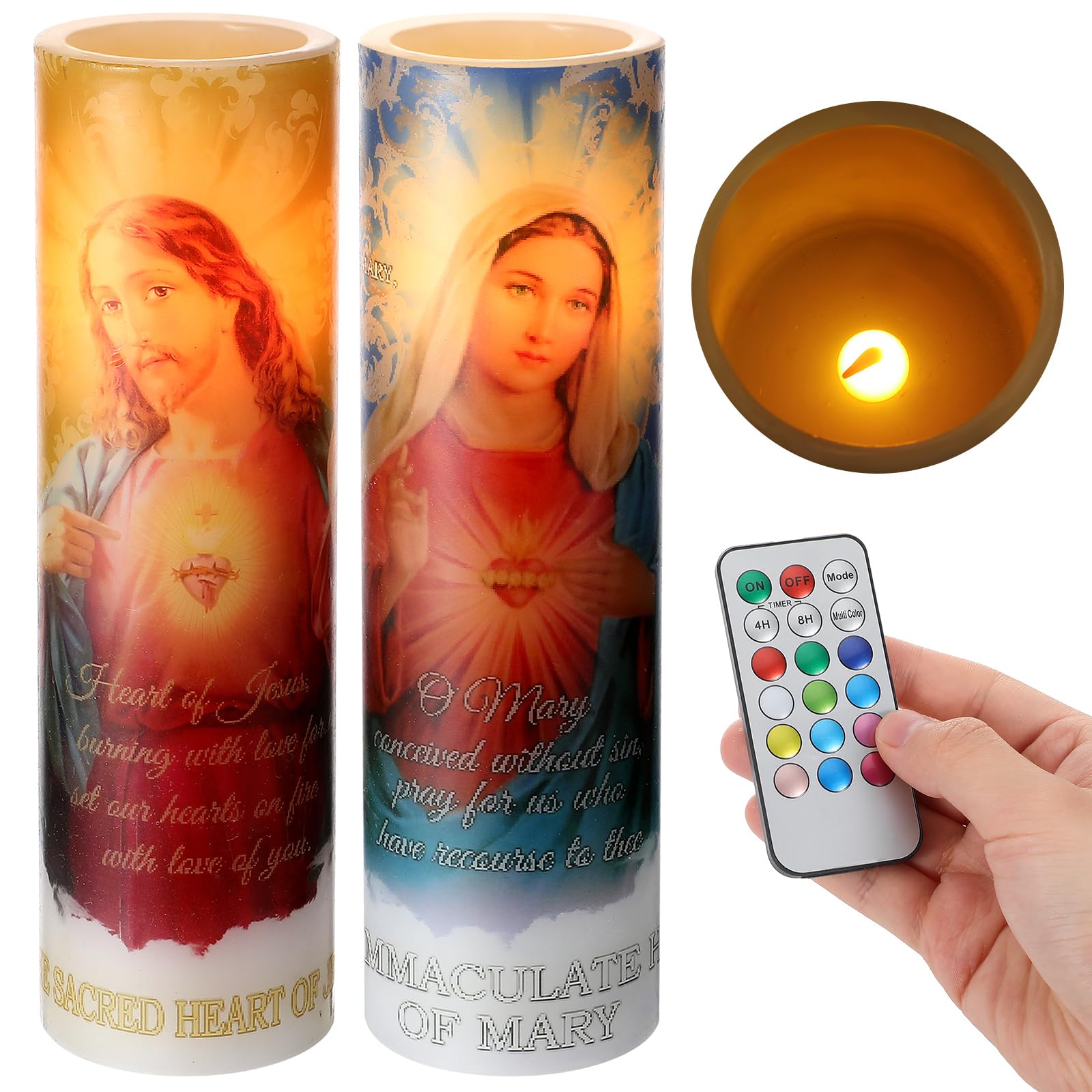 Landhoow 2 Pcs Religious Flameless LED Prayer Candle Real Wax Baptism Candle Set Immaculate Heart of Mary and Sacred Heart of Jesus Battery Operated Candles with Remote Control