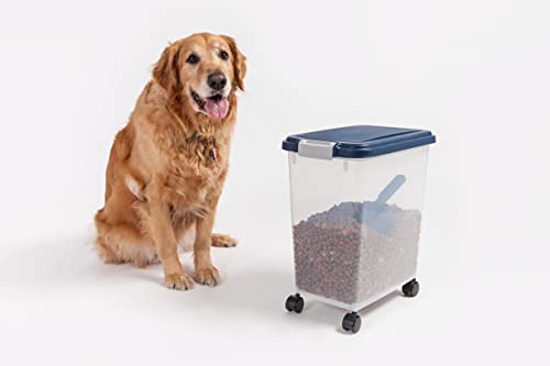 IRIS USA 25 Lbs / 33 Qt WeatherPro Airtight Pet Food Storage Container with Attachable Casters, For Dog Cat Bird and Other Pet Food Storage Bin, Keep Fresh, Translucent Body, Easy Mobility, Navy