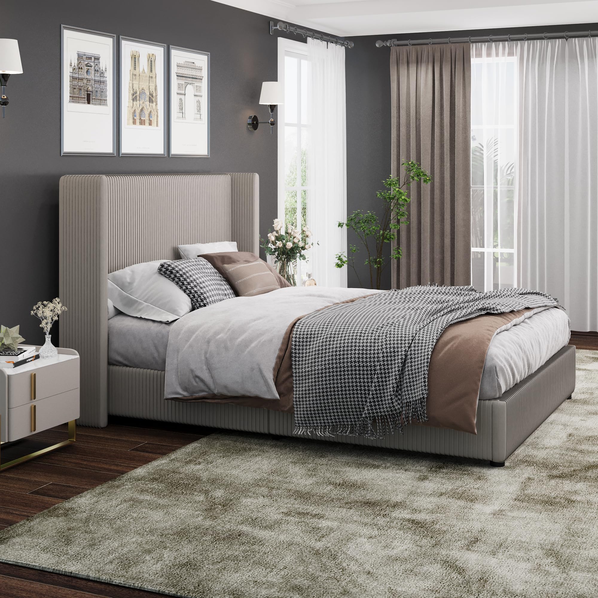 CHABUILDREARK King Size Bed Frame, Upholstered Bed Frame with Vertical Channel Tufted Headboard, Low Profile Bed Design, No Box Spring Needed, Easy Assembly, Taupe