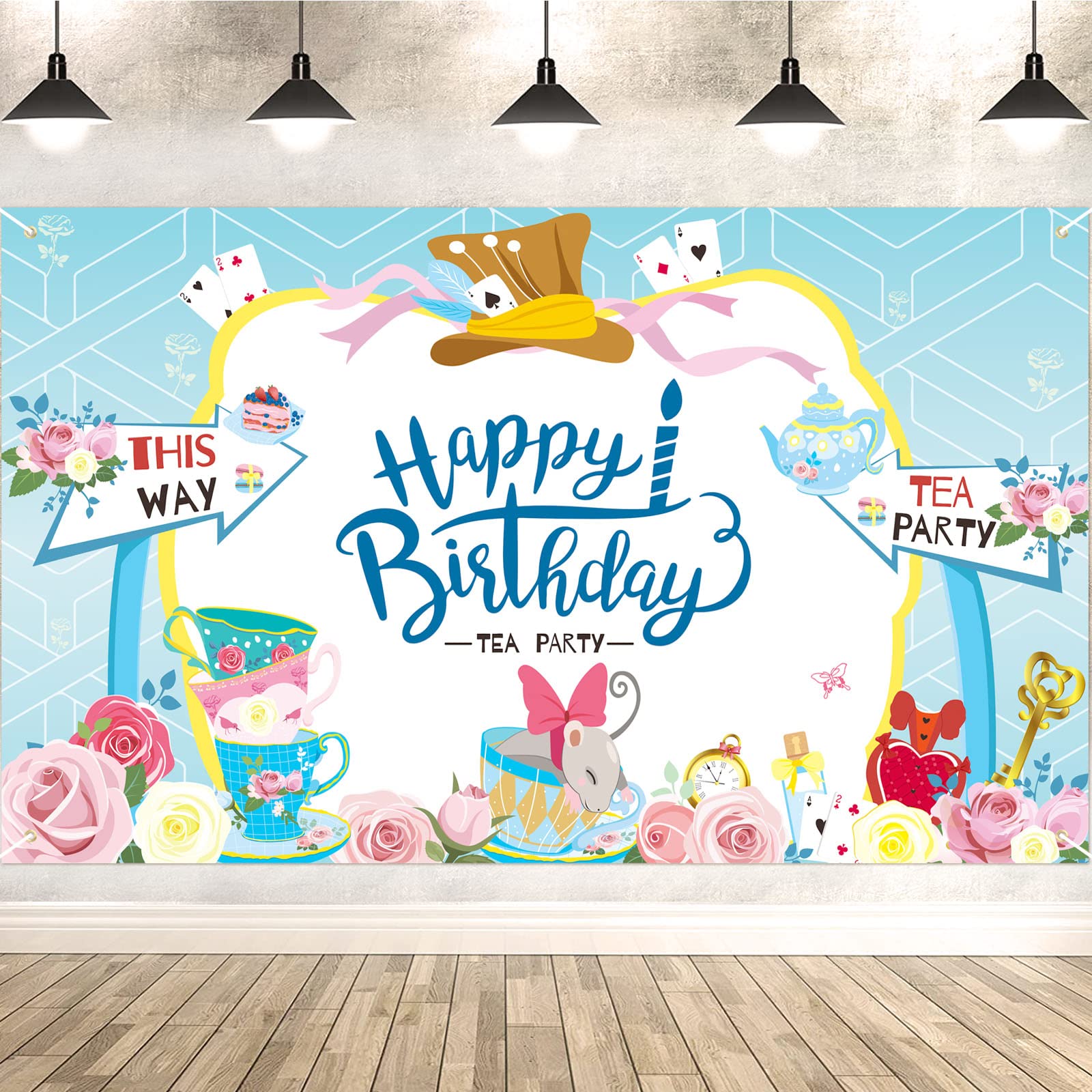 HOWAF Tea Party Birthday Party Banner, Large Fabric Alice Background Banner for Partea Birthday Party Decorations, Tea Kettle, Cupcakes, Butterfly Arts and Crafts for Outdoor Garden