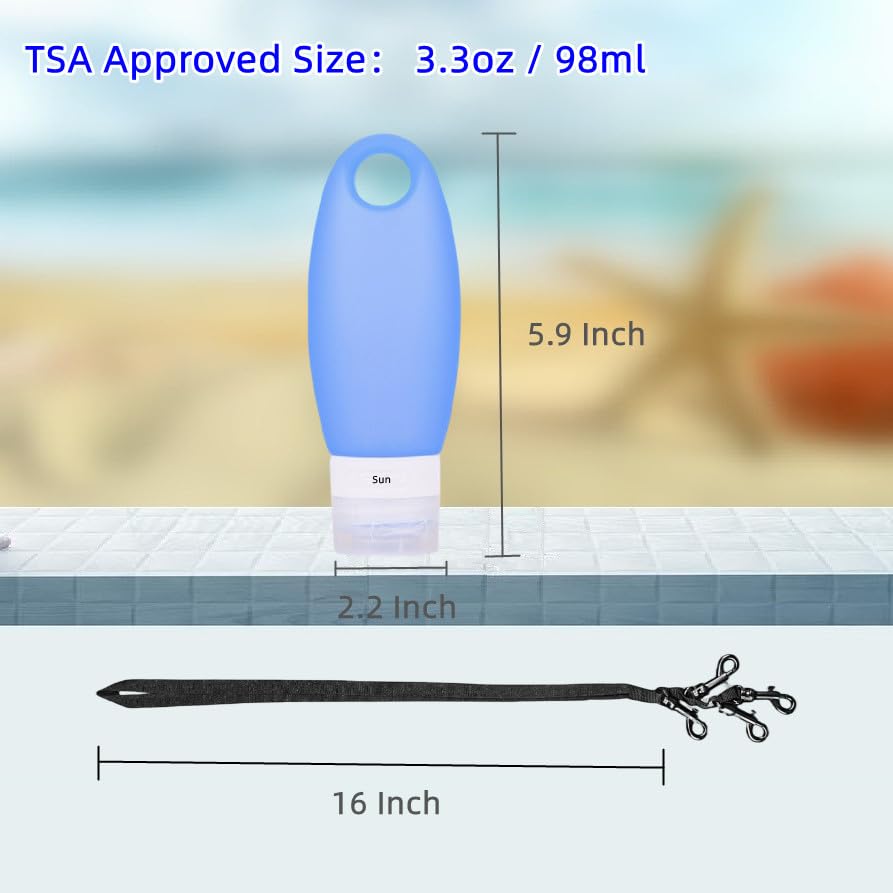 SANTREST Gym Refillable Bottles Leak Proof Camping Travel Containers with Shower Lanyard,3.3oz TSA Approved Squeezable Silicone Travel Tube Set for Gym Shampoo Lotion Soap