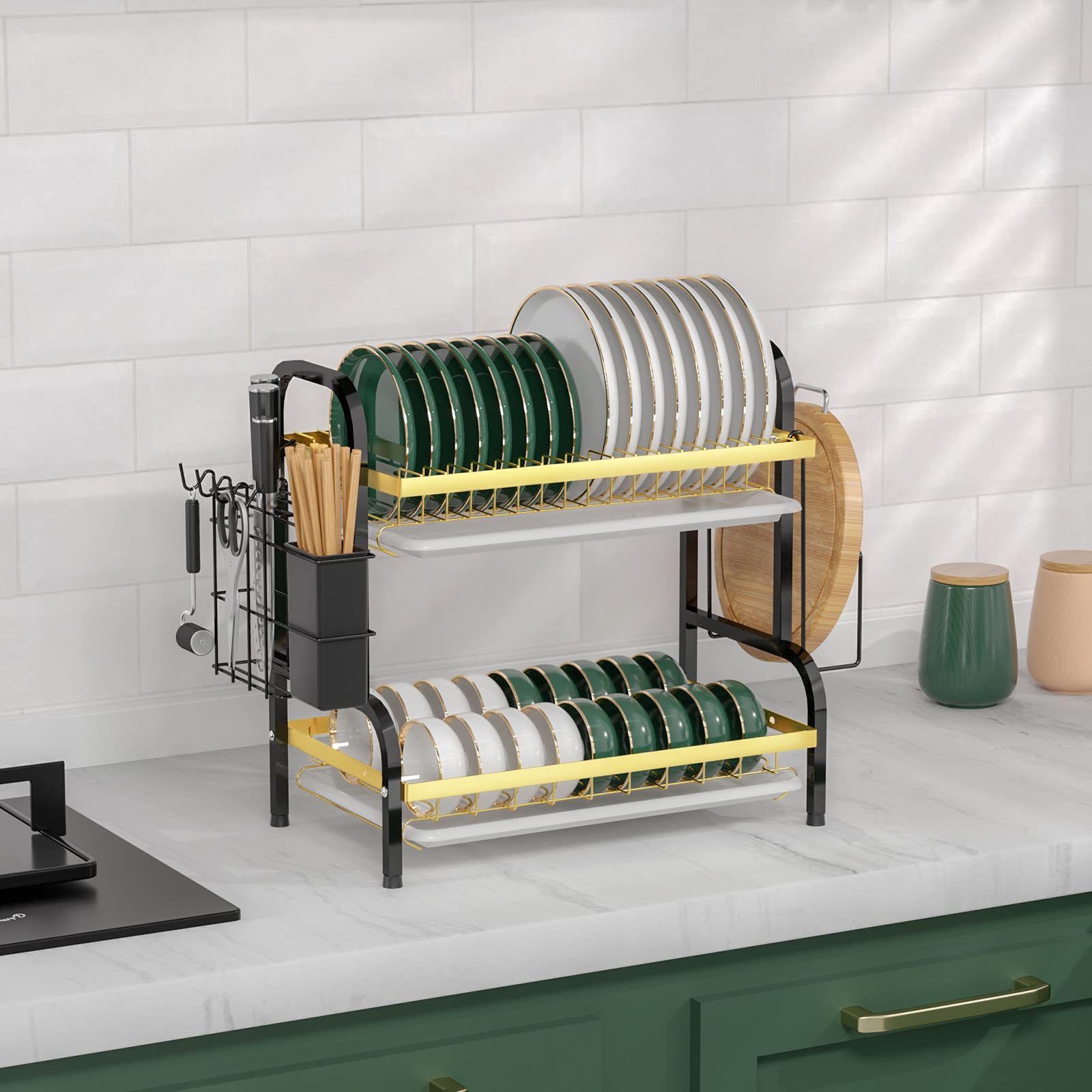 BETTWILL Dish Drying Rack – Carbon Steel Dish Racks for Kitchen Counter – 2 Tier Dish Drying Rack with 2 Drainer Trays,Kitchen Organizer