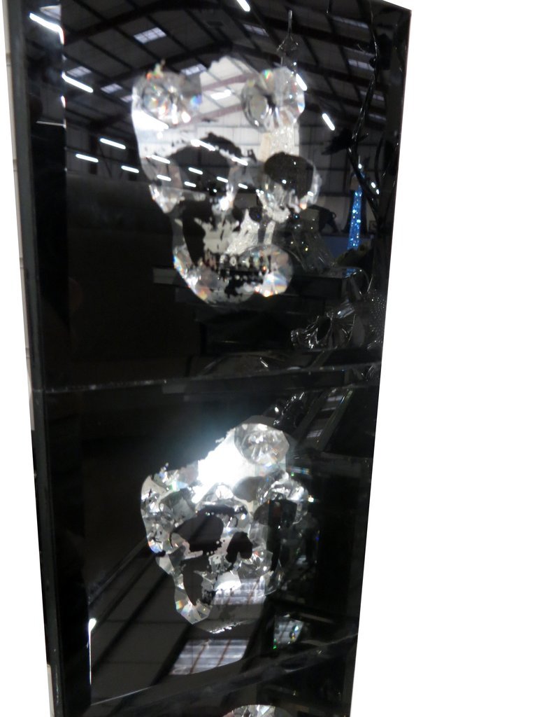 Sassy Home Triple Tier Black Glass Mirrored Floating Crystal Jewel Skull Pillar Candle Holder, 35 x 11 x 11cm, One Colour