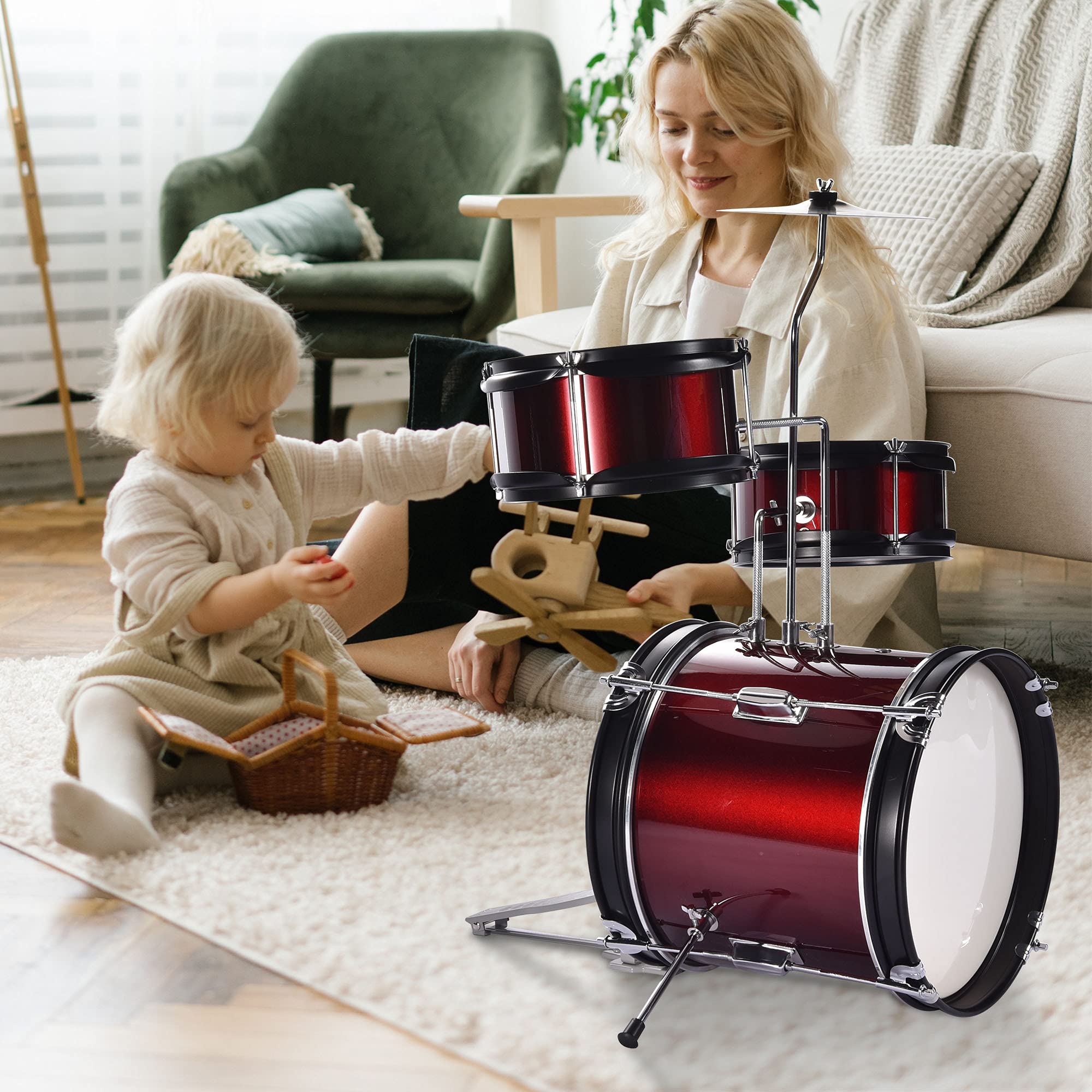 AW Drum Set with 3 Piece Drums Bass Tom Hi-Hat 4pcs Drumsticks Seat Cymbal Throne Stool Kids Musical Instruments Kit Red
