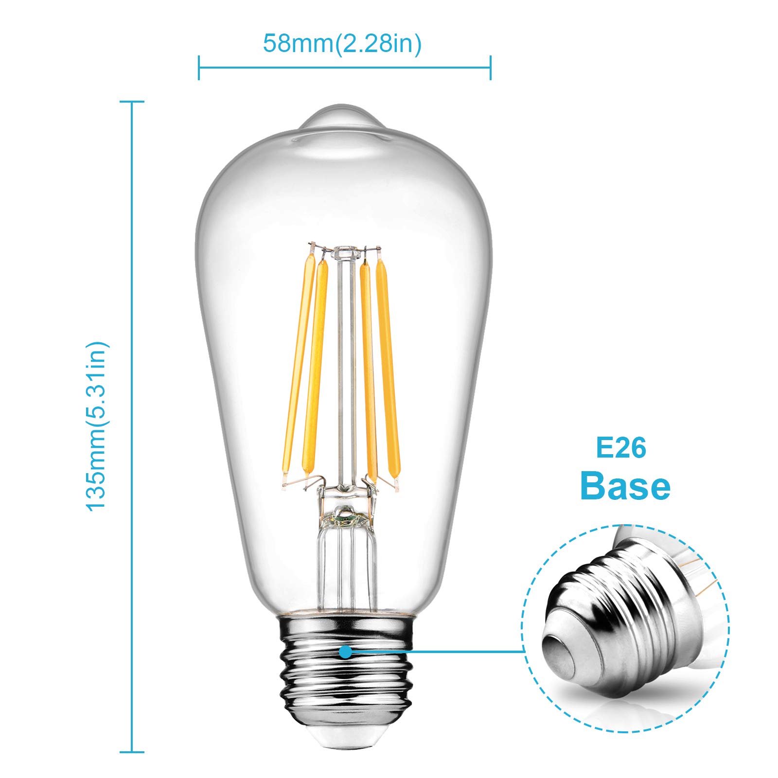 Ascher Dimmable Vintage LED Edison Bulbs, 6W, Equivalent 60W, High Brightness Warm White 2700K, 80+ CRI, ST58 Antique LED Filament Bulbs, E26 Medium Base, Clear Glass, 12 Pack, 12 Count (Pack of 1)