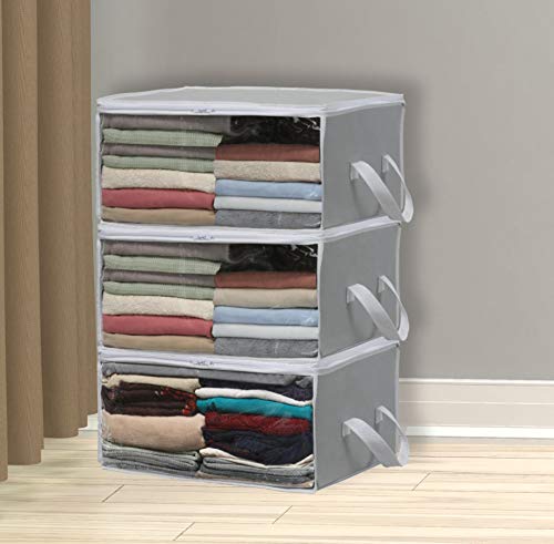 Simple Houseware 3 Pack Foldable Closet Organizer Clothing Storage Box with Clear Window, Grey