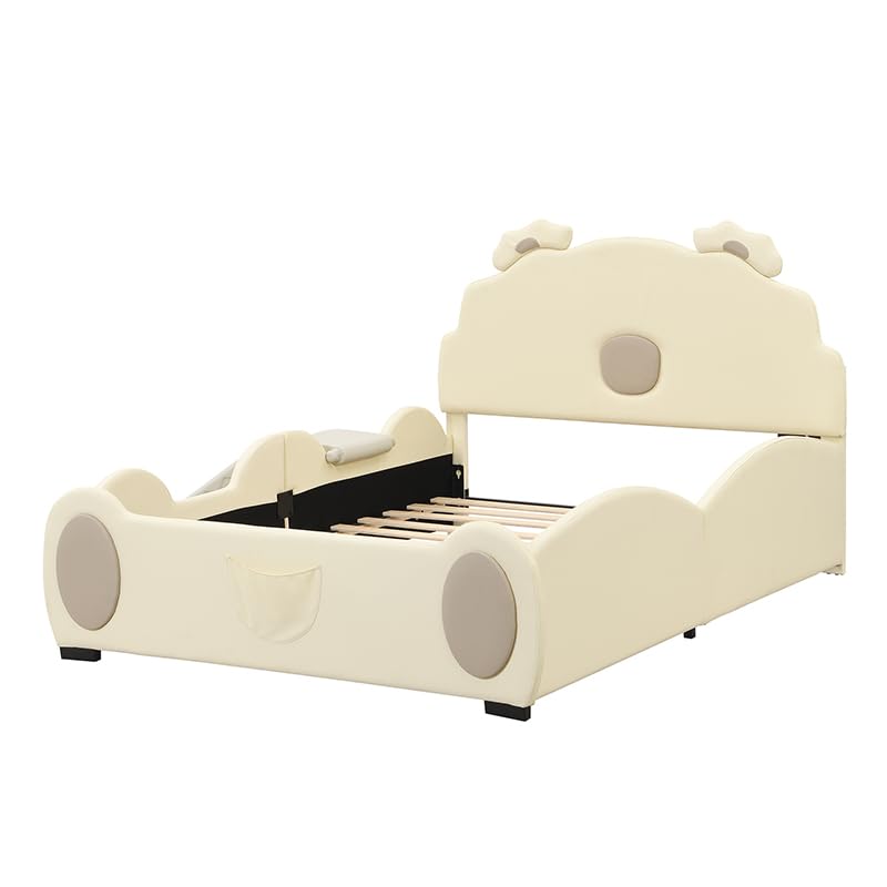 BOVZA Kids Cute Full Size Upholstered Platform Bed Frame with Children's Slide and Piglet Shape Headboard, Wooden Slats Support, No Box Spring Needed, Beige