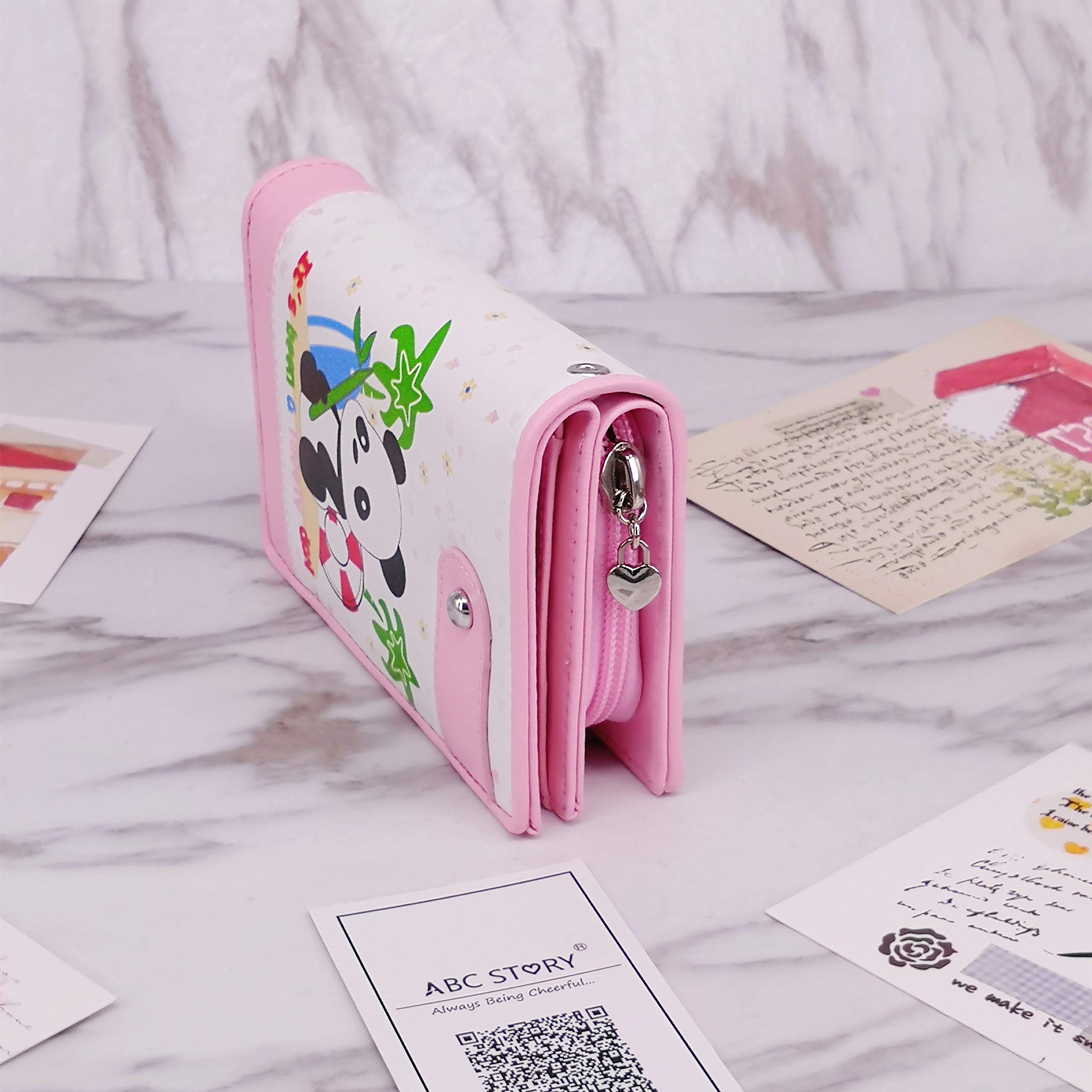 Womens Leather RFID Cute Cartoon Panda Wallet Purse Wristlets with Coins Pocket Pink