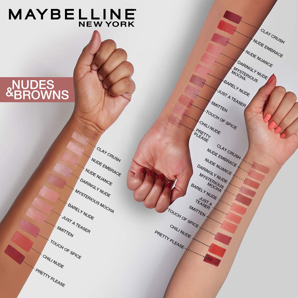 Maybelline Color Sensational Lipstick, Lip Makeup, Matte Finish, Hydrating Lipstick, Nude, Pink, Red, Plum Lip Color, Nude Embrace, 0.15 oz; (Packaging May Vary)