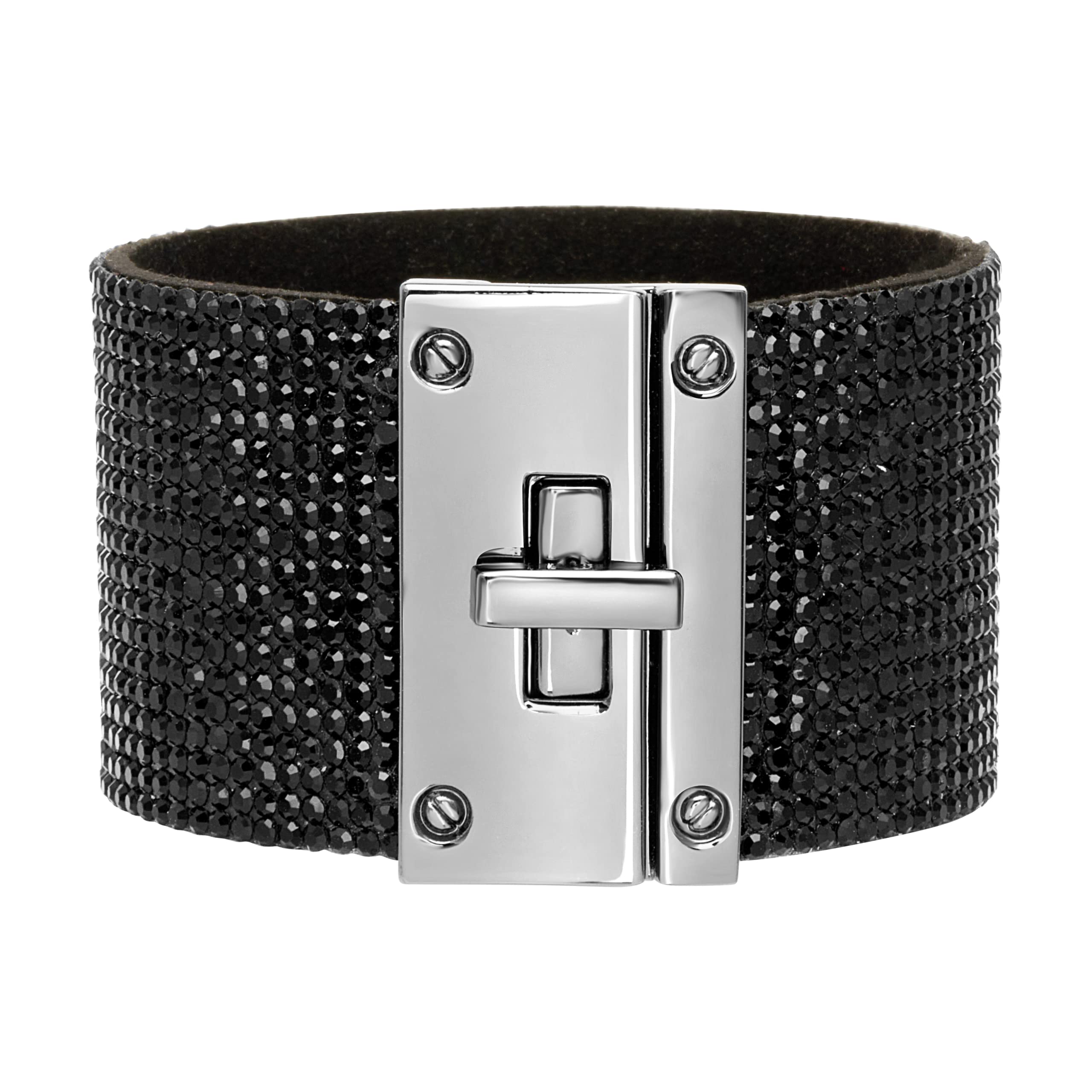 Badgley Mischka Women's Bracelet - Crystal Studded Leatherette Box Clasp Bangle Cuff Wrap Wristband, Hematite