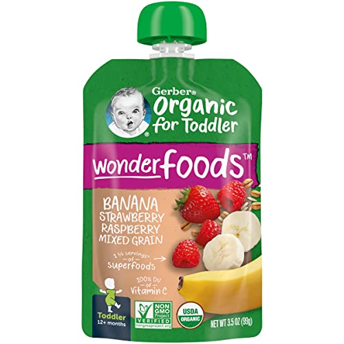 Gerber Organic Baby Food Pouches, Toddler, WonderFoods, Banana Red Berries Granola, 3.5 Ounce