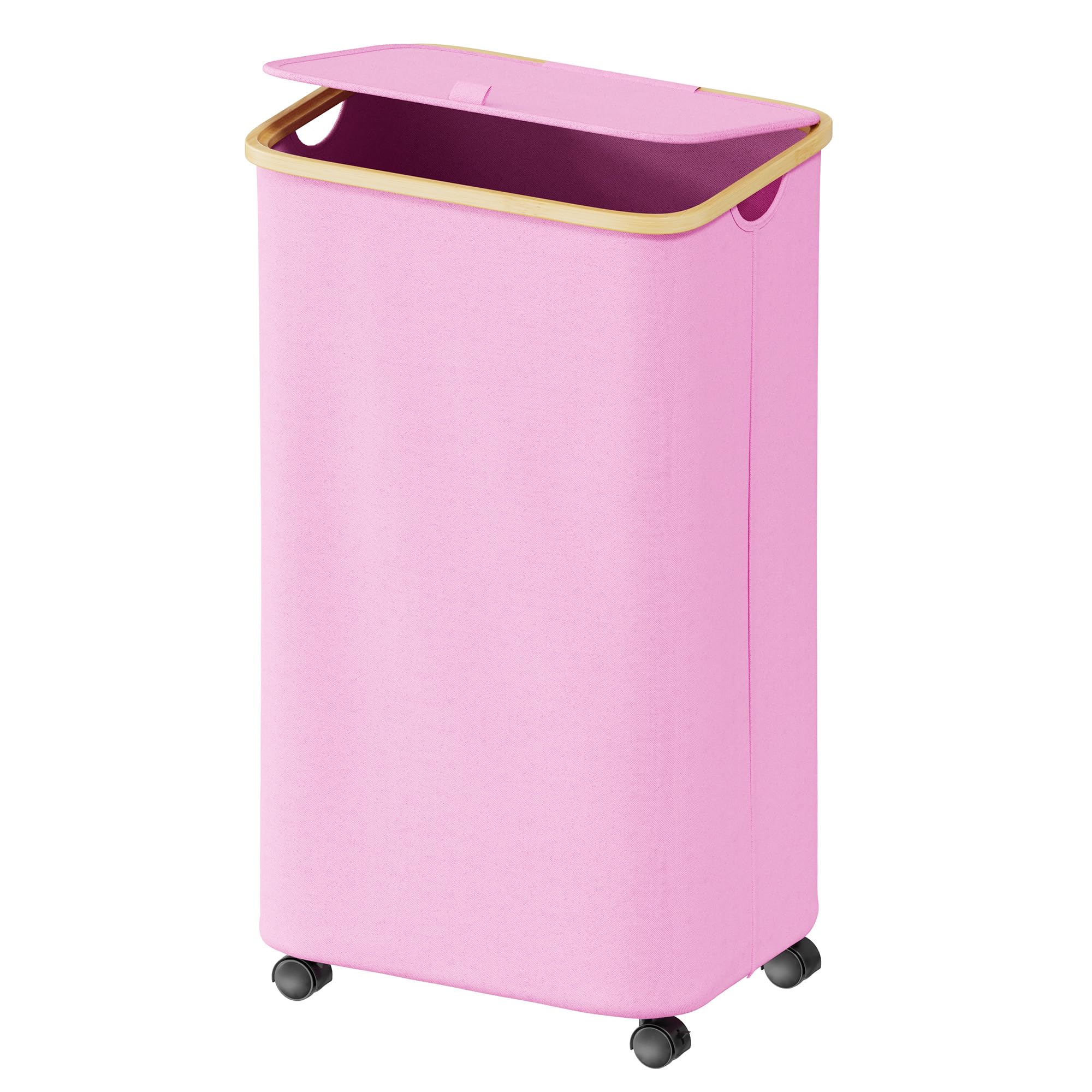 SUOCO Laundry Hamper with Wheels and Lid, 26 Gal (100L) Clothes Basket with Bamboo Handles, Large Foldable Laundry Hamper for Bedroom, Bathroom, Dorm, Laundry Room - Pink
