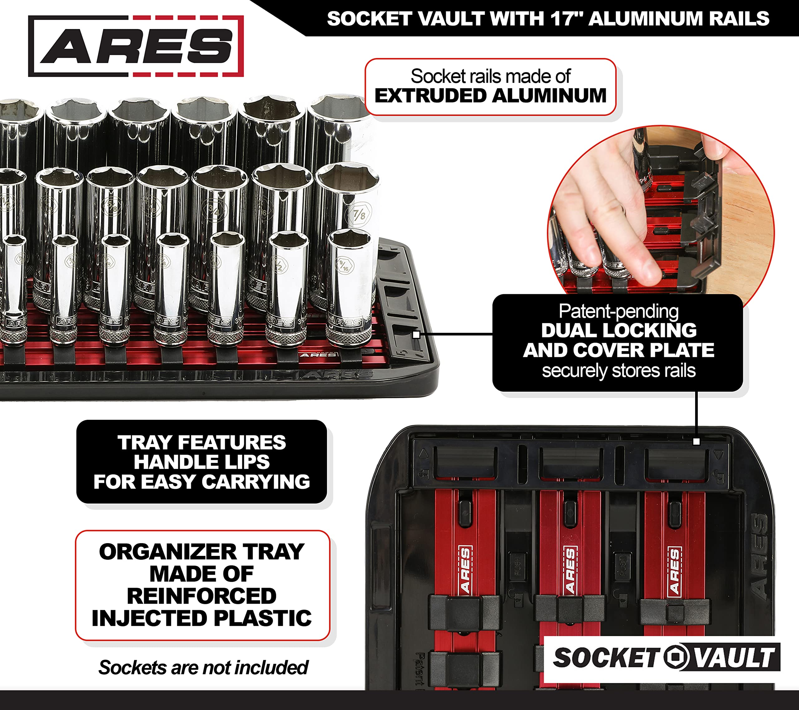 ARES 60145 - SOCKET VAULT™ 3-Piece 17-Inch Black Socket Rail Set with Organizer Tray – Reinforced Plastic Tray Holds 3 Aluminum Rails Locked in Place – 50 1/4-Inch, 3/8-Inch, and 1/2-Inch Drive Clips