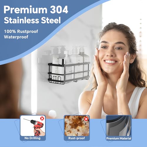 Dau Dau Shower Caddy Shelf Organizer, 2 Pack Shower Caddy with Hooks, No Drilling Stainless Steel Shower Shelf for Bathroom, Kitchen and Dorm,Wide-Rimmed Design Thickened Material