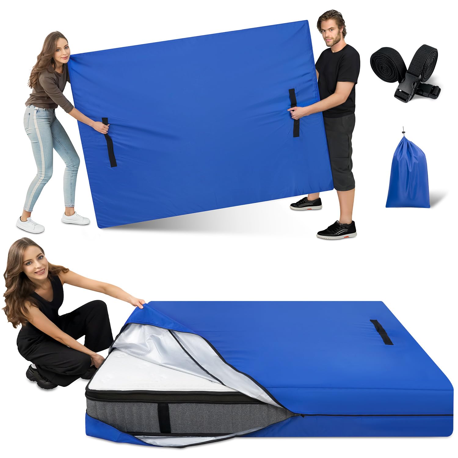 Twin Mattresses Bag for Moving Storage Protector, Waterproof Reusable Mattress Cover with Heavy Duty 8 Handles Water Resistant Zipper Closure and 2 Adjustable Straps, Bright Blue
