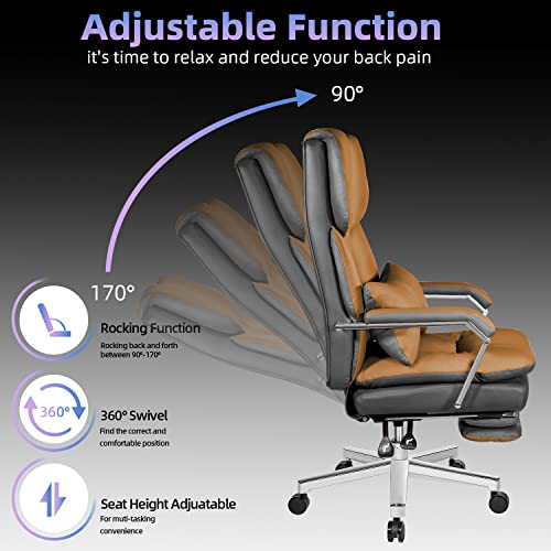 SeekFancy Reclining Office Chair with Footrest O203, Big and Tall Office Chair 500lbs Wide Seat with 170° Backrest, High Back Large Executive Office Chair Lumbar Support,Brown Leather Managerial Chair
