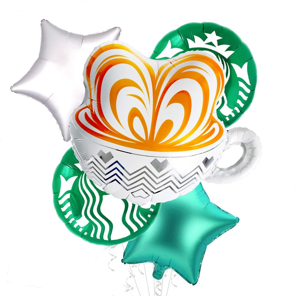 CYMYLAR 5Pcs Green Star Coffee Balloons and Coffee Cup Balloons for Coffee Lovers Party Decorations Coffee Birthday Decorations Coffee Decorations for Coffee Bar