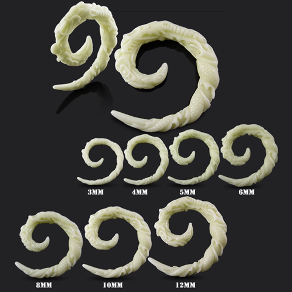 AtoZ Piercing 00 Gauge - 10MM White 3D Tribal Dragon Around UV Acrylic Spiral Taper Stretchers Ear Plug - Sold by Piece